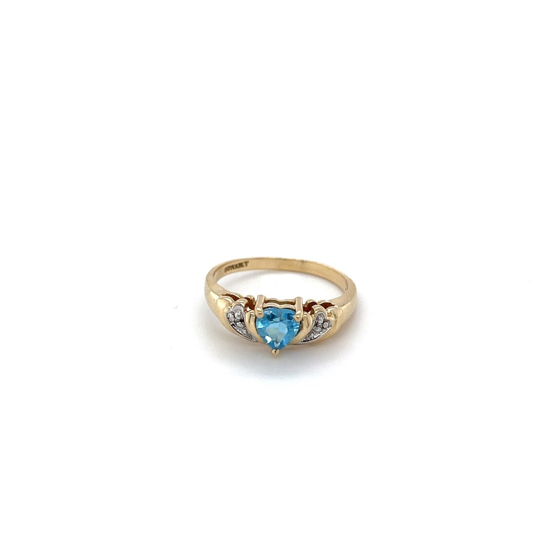 Vintage 10K Yellow Gold Blue Topaz Heart Gemstone Ring With Diamond ...