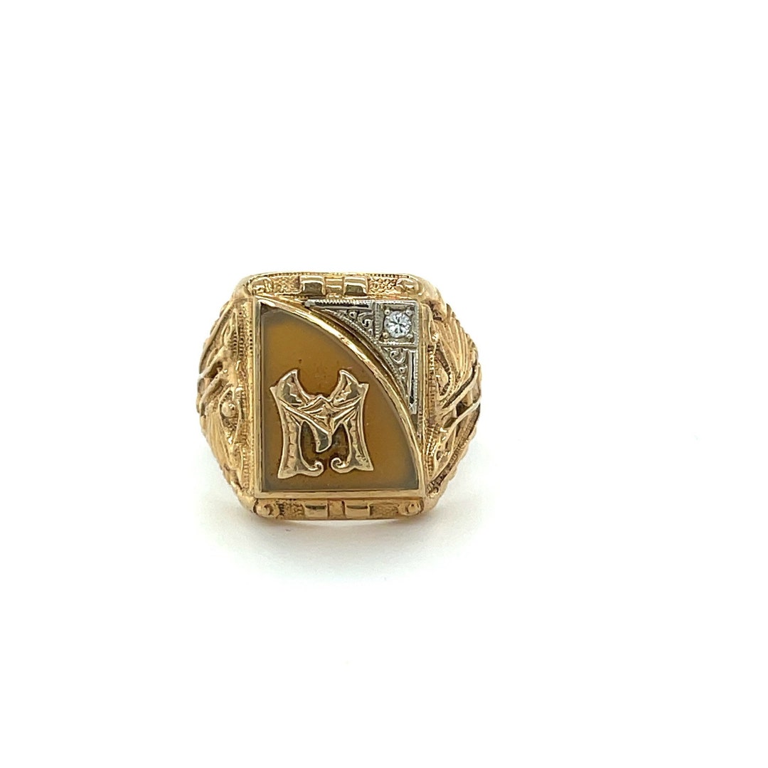 Vintage M Initial Signet Ring 10K Yellow Gold and Diamond - Dragon ...