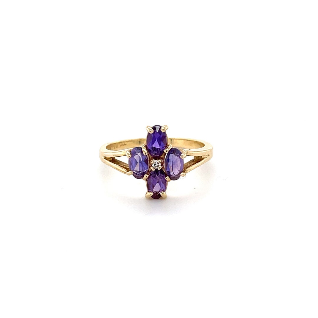 Vintage 14K Gold Flower Gemstone Ring - Amethyst Split Shank - Modern ...