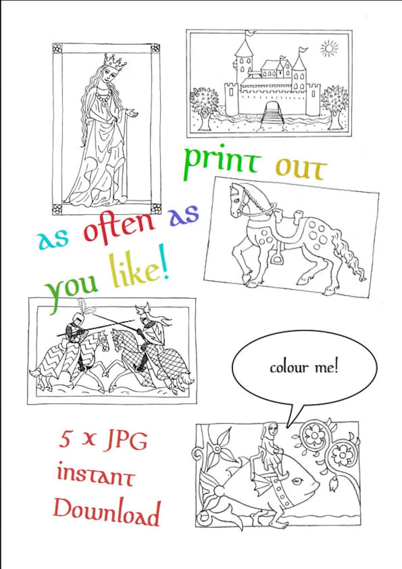 5 medieval colouring pages for children | Etsy
