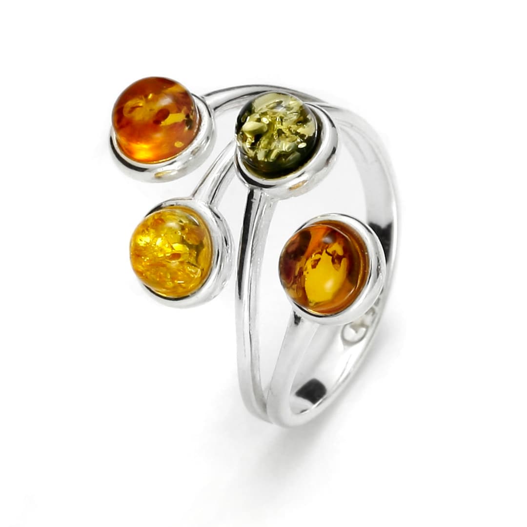 Multicolored Amber Adjustable Ring on 925 Silver, Amber Ring ...