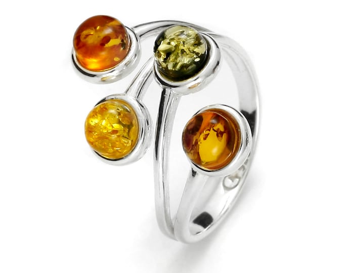 Multicolored Amber Adjustable Ring on 925 Silver, Amber Ring ...