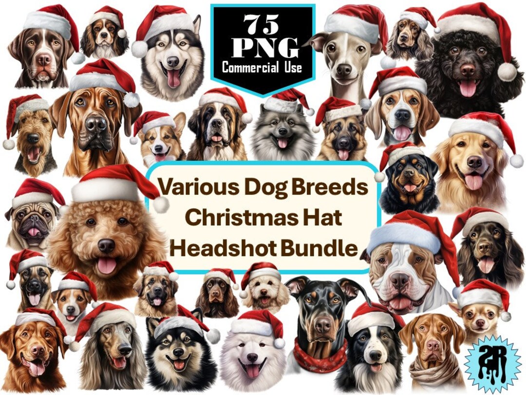 75 High Quality PNG Dogs Wearing CHRISTMAS Hat Bundle Various Breeds ...