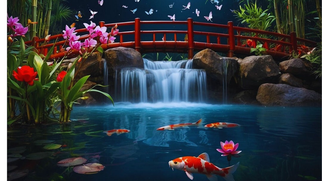 Canvas Hanging Art, Koi Fish, Waterfall, Prosperity, Abundance, Spa ...