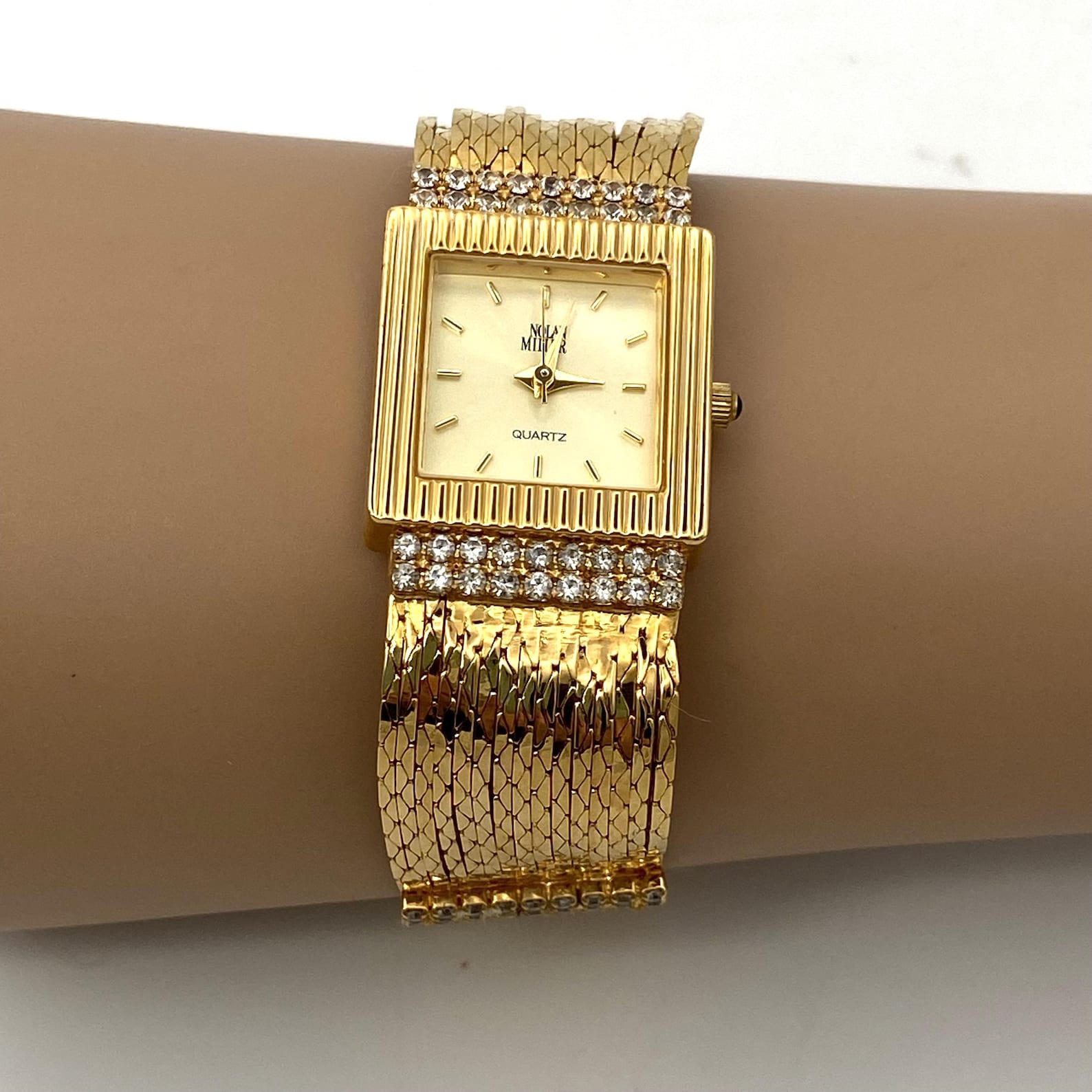 Vintage Nolan Miller Rhinestone Bracelet Watch: Gold Tone Glamour ...