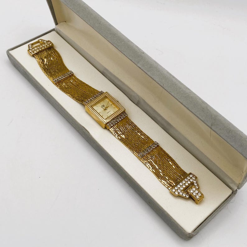 Vintage Nolan Miller Rhinestone Bracelet Watch: Gold Tone Glamour ...