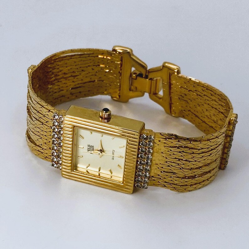 Vintage Nolan Miller Rhinestone Bracelet Watch: Gold Tone Glamour ...