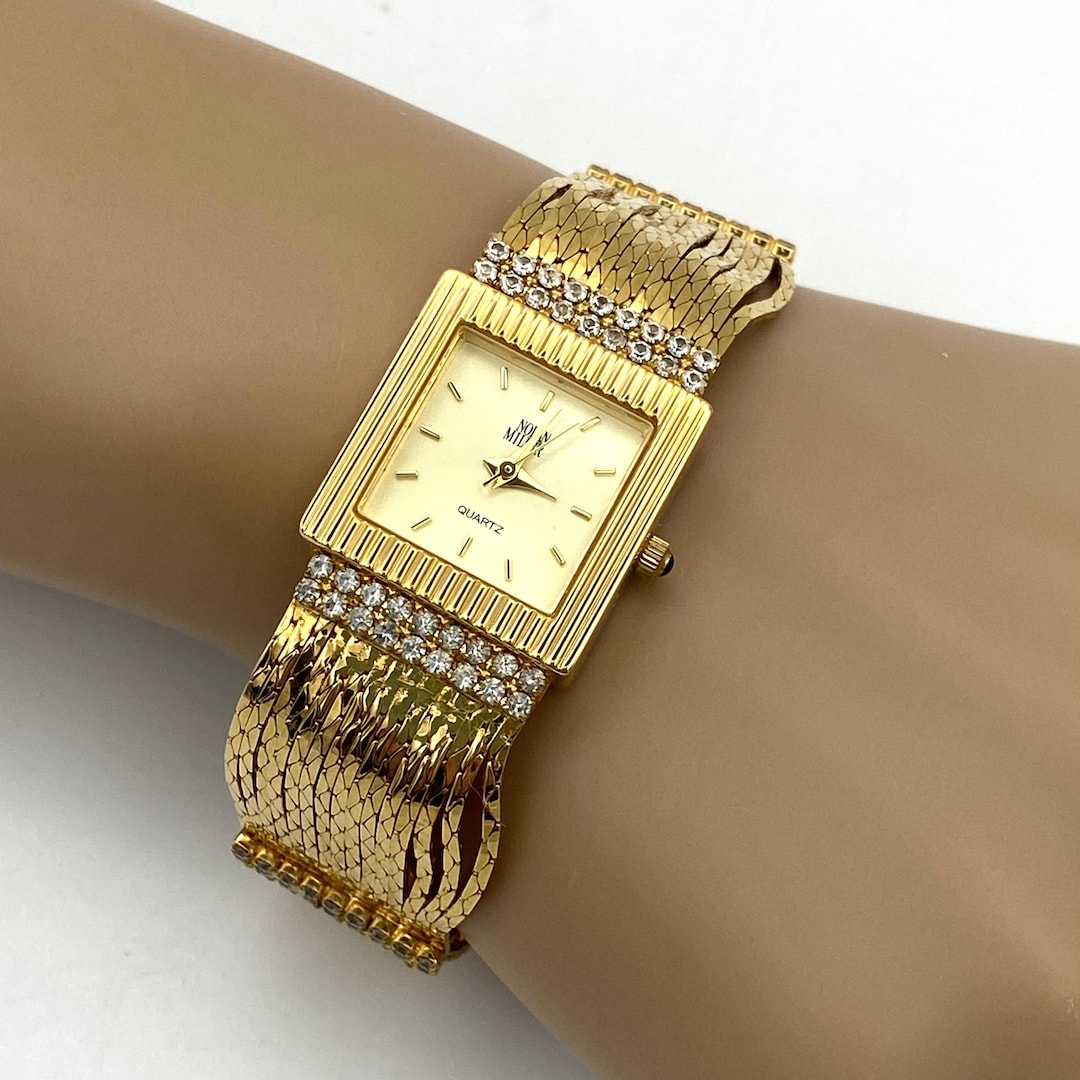Vintage Nolan Miller Rhinestone Bracelet Watch: Gold Tone Glamour ...