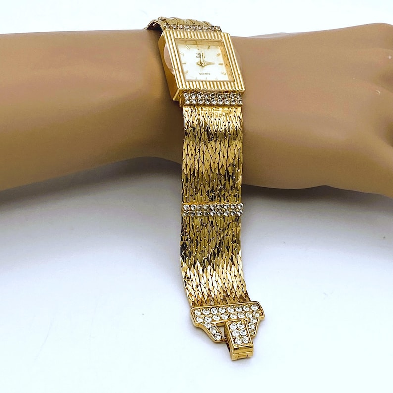 Vintage Nolan Miller Rhinestone Bracelet Watch: Gold Tone Glamour ...