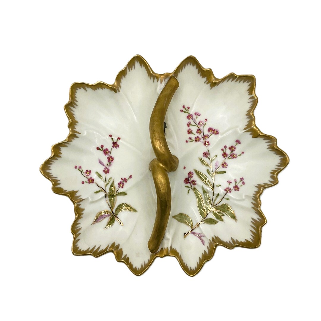 Vintage Porcelain Dish, Split Leaf With Handle, Hand Painted Pink ...