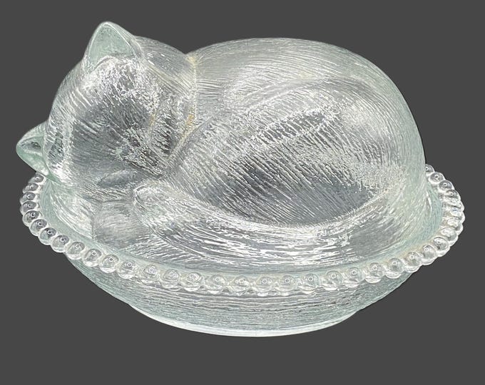 Vintage Indiana Glass Cat on A Basket Covered Dish, Sleeping Kitten ...