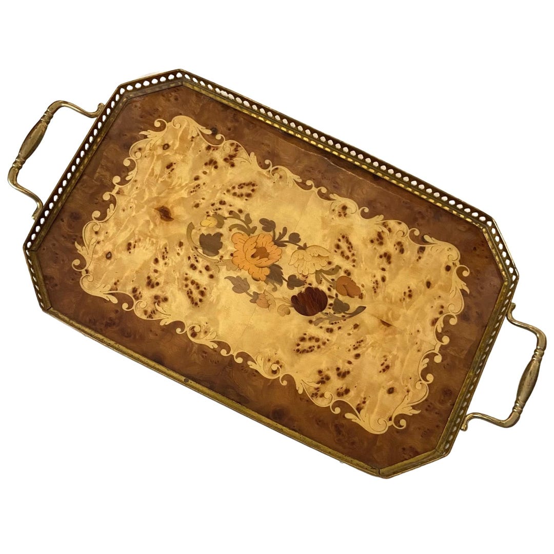 Vintage Italian Burl Wood Inlay Serving Tray, Floral Design, Brass ...