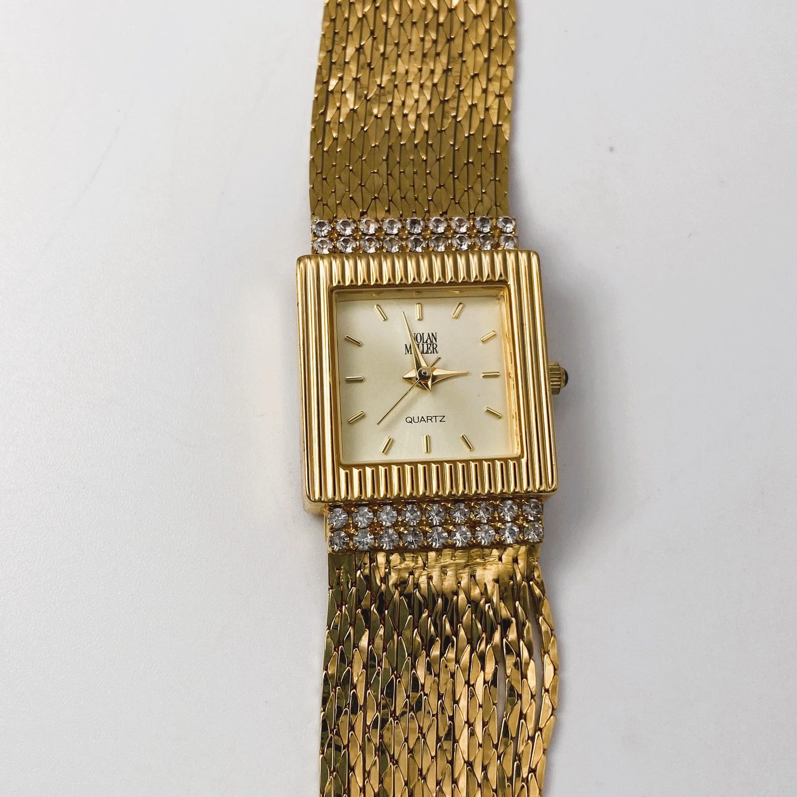 Vintage Nolan Miller Rhinestone Bracelet Watch: Gold Tone Glamour ...