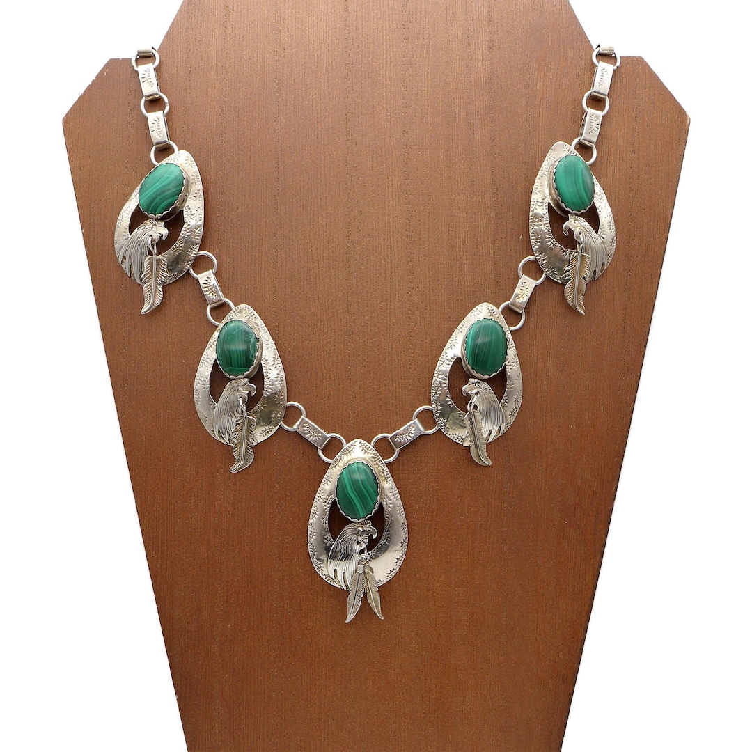 Vintage Tommy Jackson Navajo Sterling Silver Malachite Eagle Necklace ...