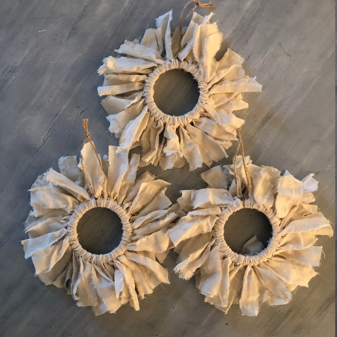 Mini Muslin Rag Wreath, Favor, Farmhouse, Ornament, Mason Jar Ring Rag ...