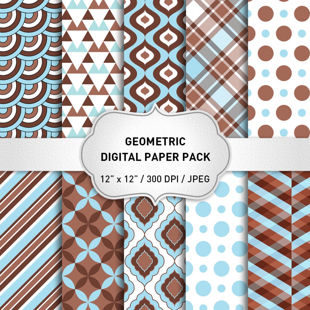 Light Blue and Brown Digital Paper, Scrapbook Digital Paper, Geometric ...