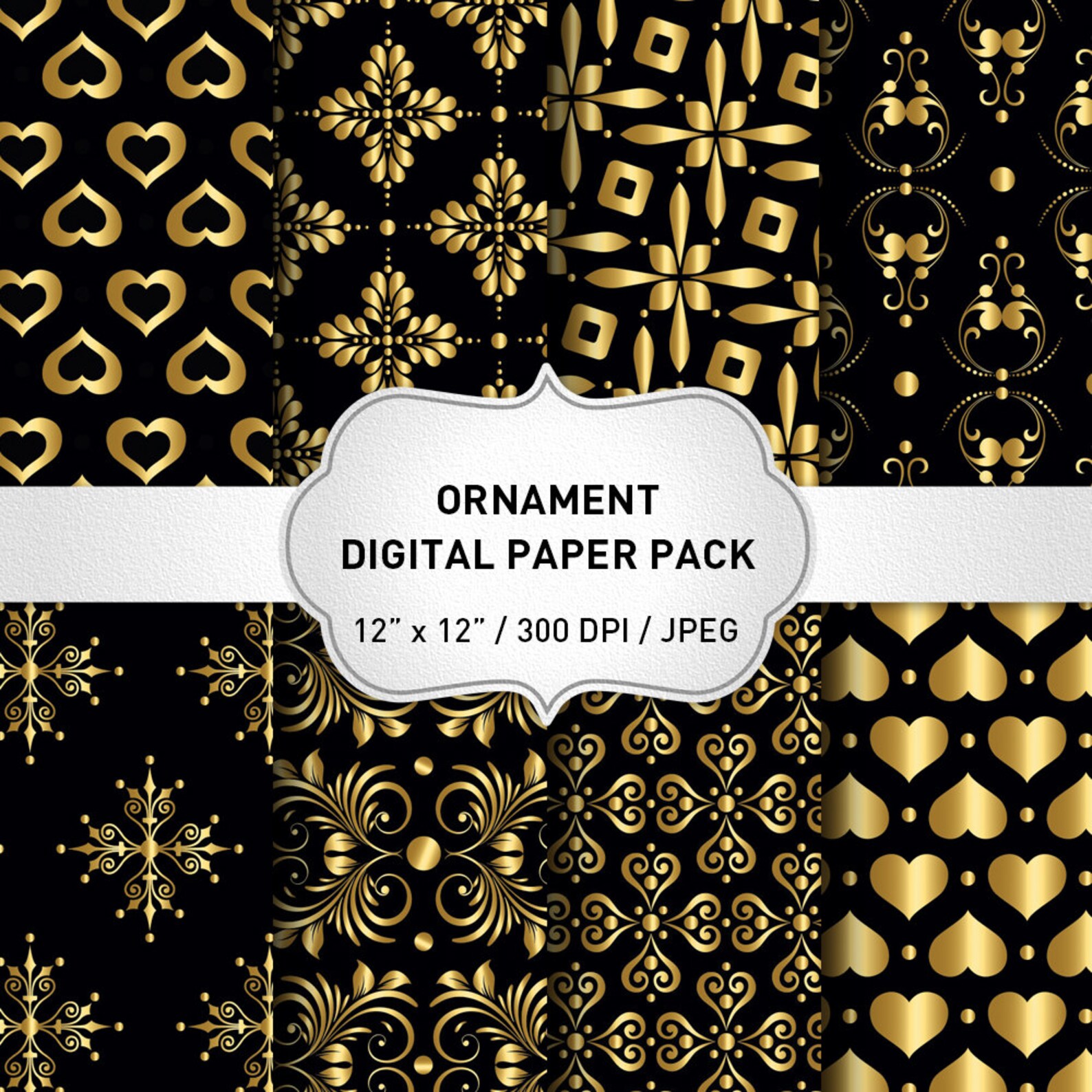 Gold and Black Digital Paper, Elegant Digital Paper, Instant Download ...