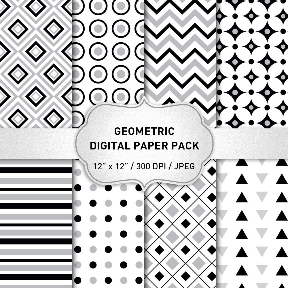 Black and White Digital Paper Pack, Geometric Digital Paper, Scrapbook ...