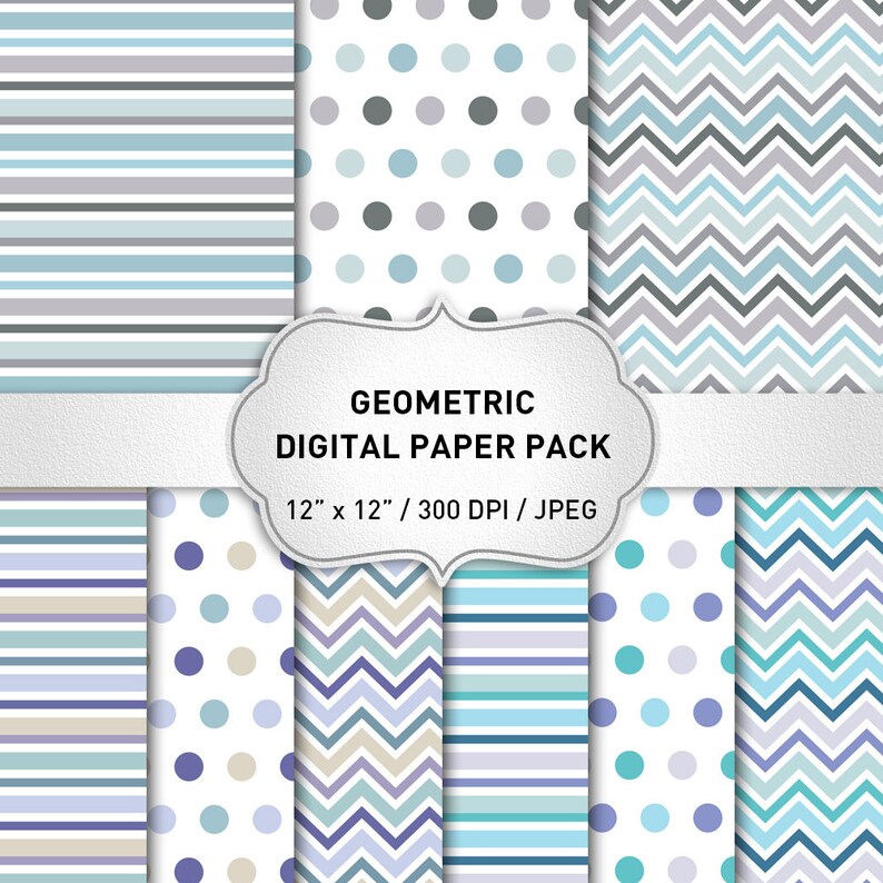 Blue Geometric Digital Paper, Digital Paper Pack, Stripes Digital Paper ...