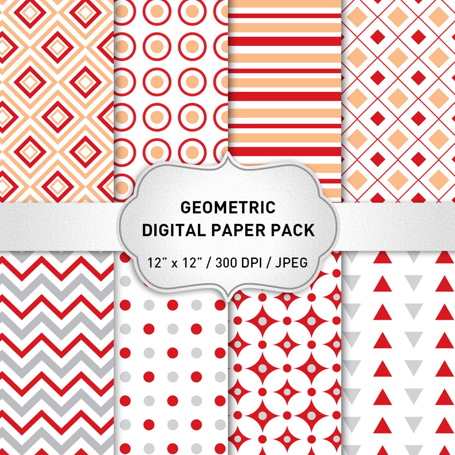 Red Digital Paper, Geometric Red & Grey Digital Paper, Geometric ...