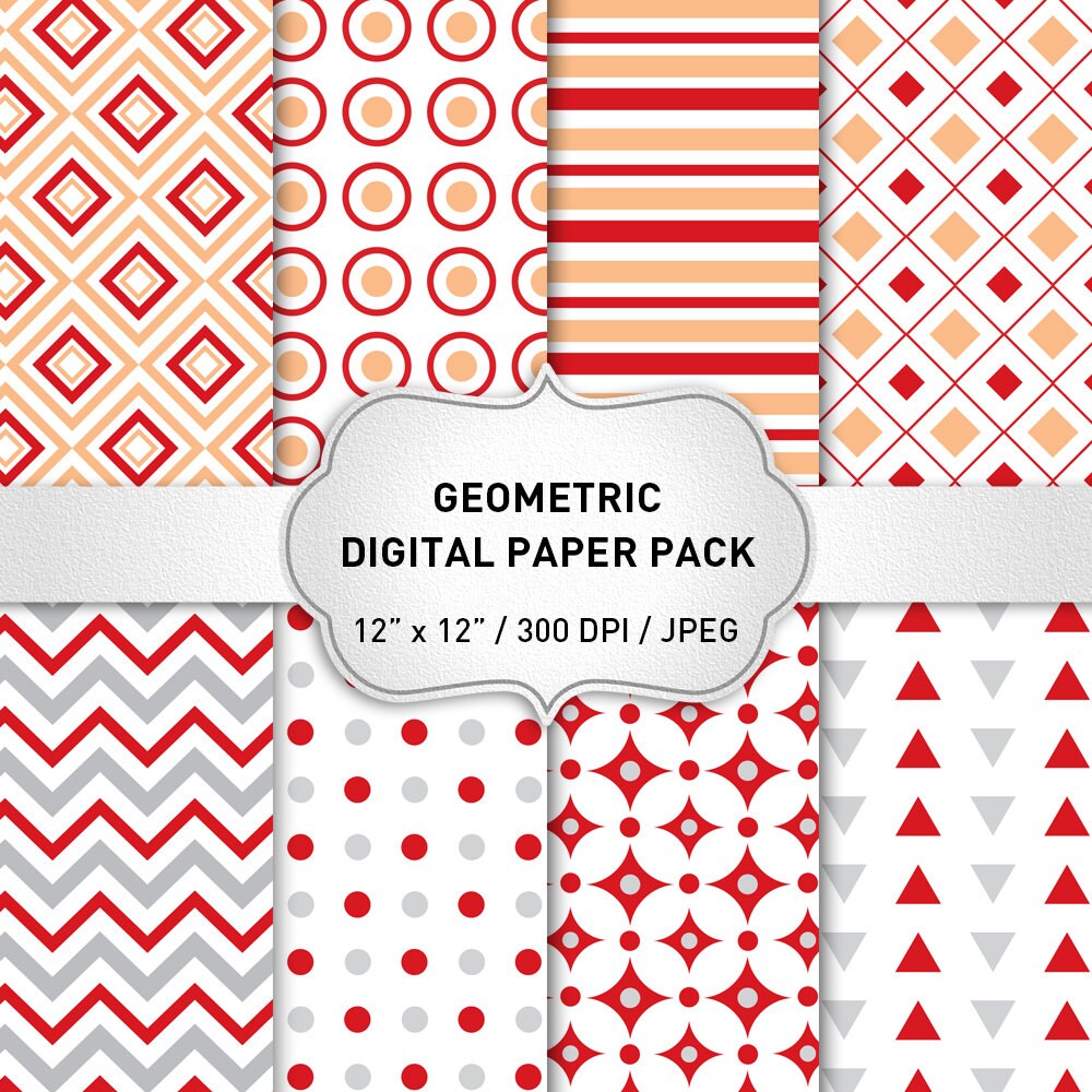 Red Digital Paper, Geometric Red & Grey Digital Paper, Geometric ...