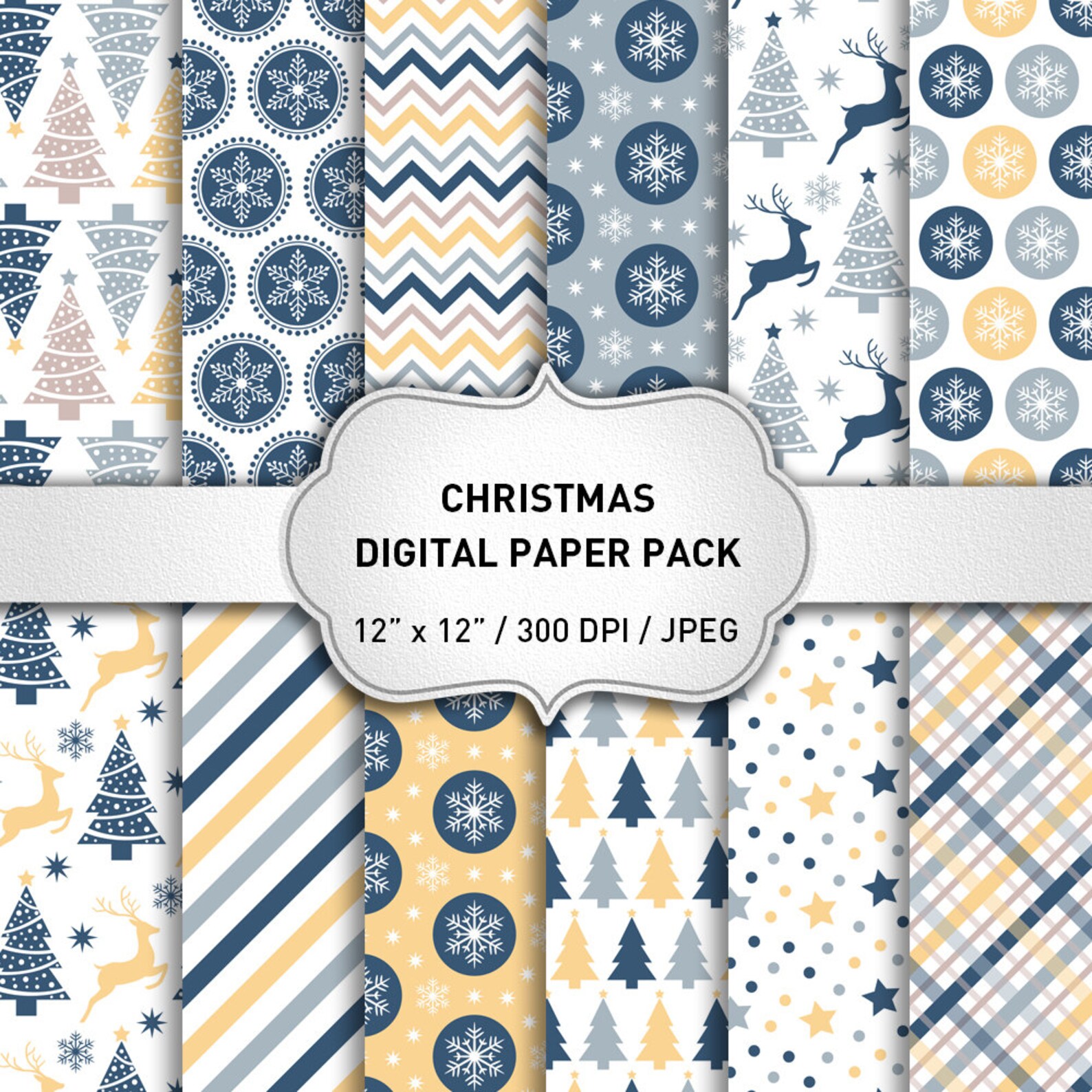 Christmas Digital Paper: "blue CHRISTMAS Papers" With Deers Snowflakes ...
