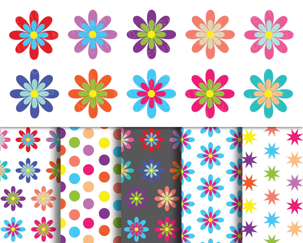 Digital Flower Clipart, Spring Flowers Clipart, Colorful Flower Clipart ...