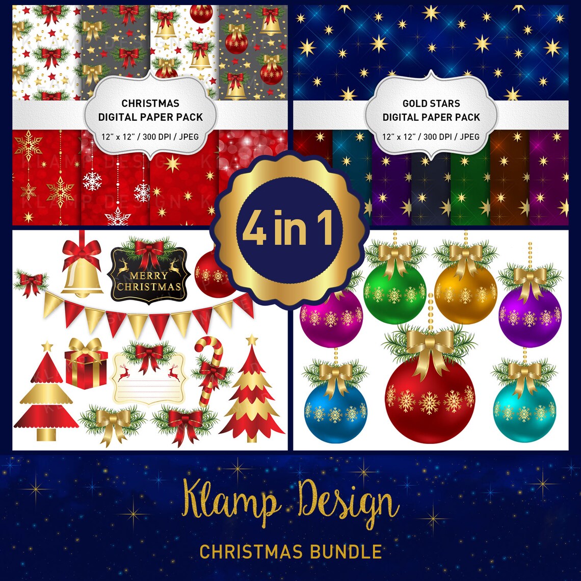 Christmas Clipart, Christmas Digital Paper Bundle, Holiday Clipart ...
