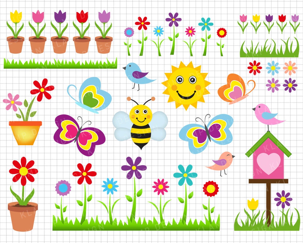 Spring Clip Art, Spring Digital Clip Art, Flower Clipart, Birds Clip ...