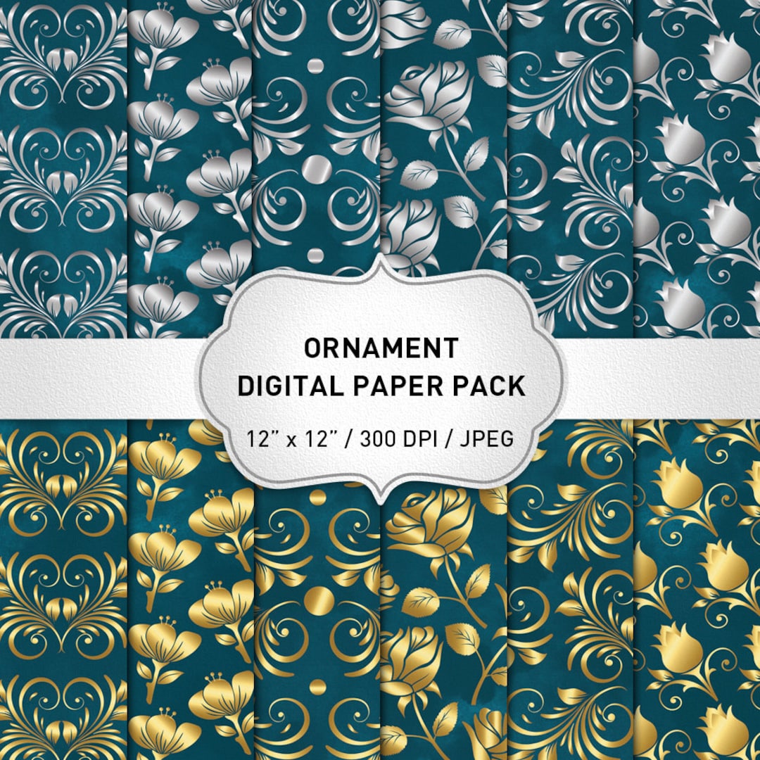 Gold and Silver Digital Paper, Silver, Gold and Teal Wedding Digital ...