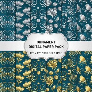 Gold and Silver Digital Paper, Silver, Gold and Teal Wedding Digital ...