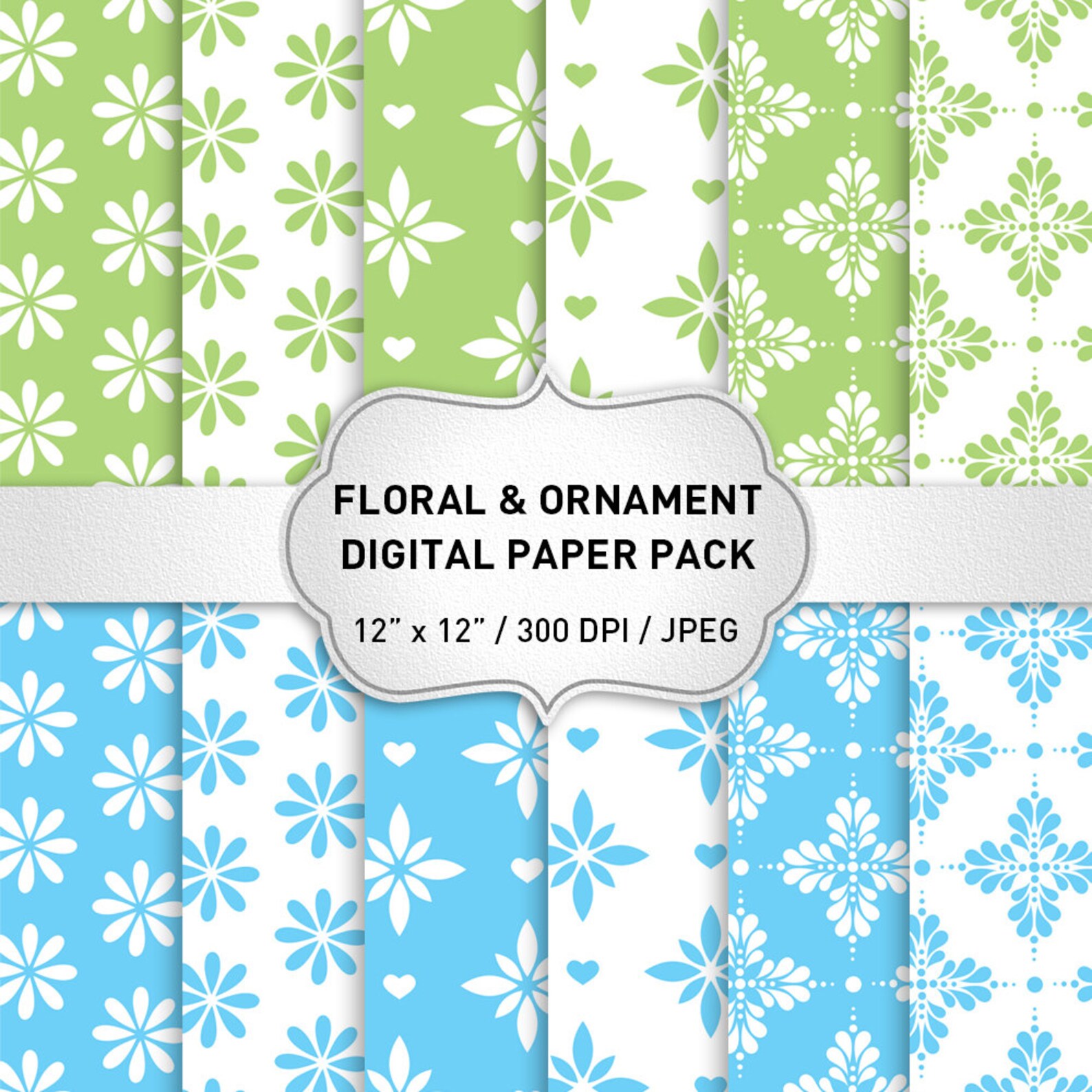 Blue Digital Paper, Green Digital Paper, Floral Digital Paper, Ornament ...