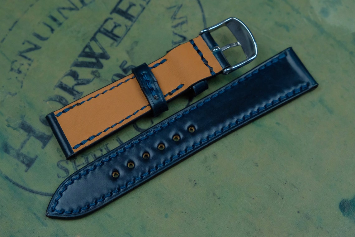 Horween Shell Cordovan Navy Full Stitch Leather Watch Strap - Etsy