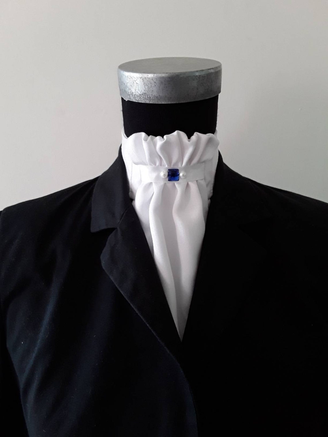 Ready Tied White Faux Silk/aqua & Pearl Riding Stock Tie/dressage ...