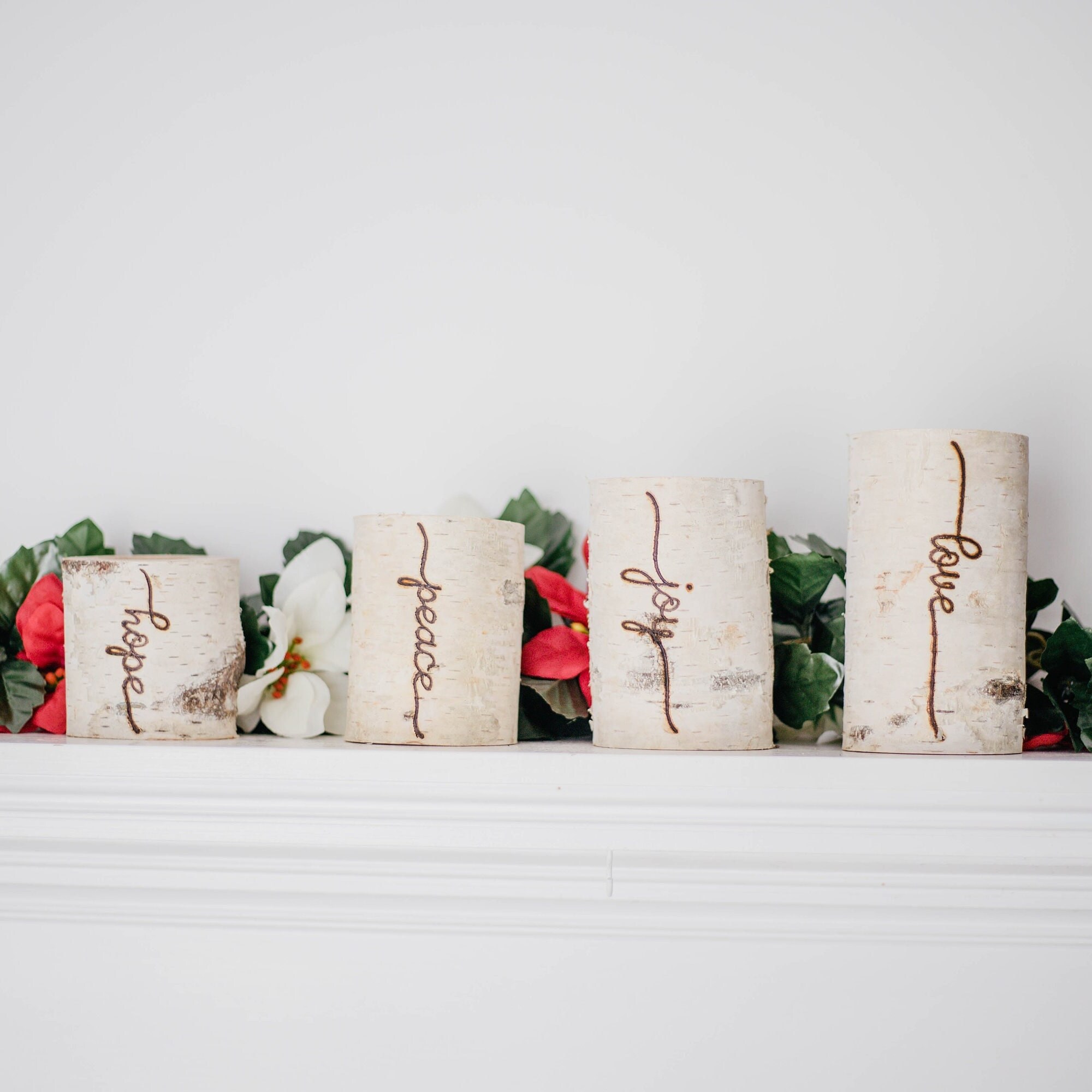 Christmas Advent Wreath, Set of Four Birch Candles With Words Peace ...
