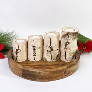 Christmas Advent Wreath, Set of Four Birch Candles With Words Peace ...