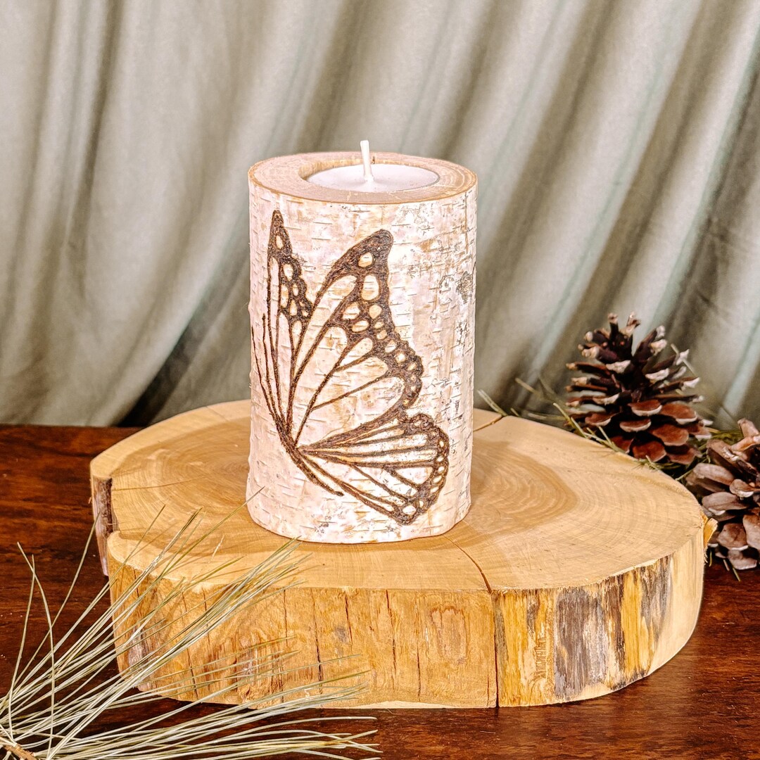 Handmade Butterfly Art Birch Log Decorative Candle Holder, Gift for ...