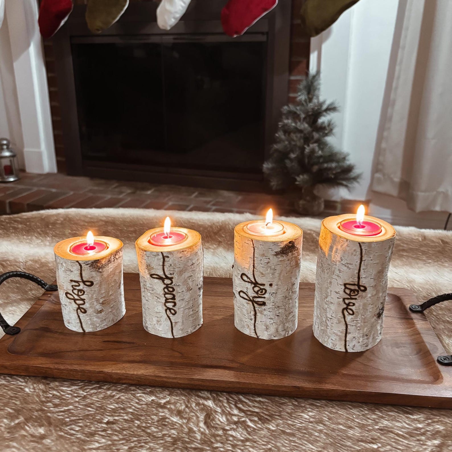 Christmas Advent Wreath, Set of Four Birch Candles With Words Peace ...