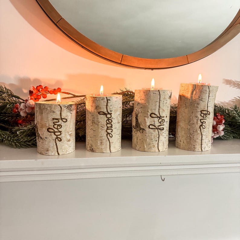 Christmas Advent Wreath, Set of Four Birch Candles With Words Peace ...