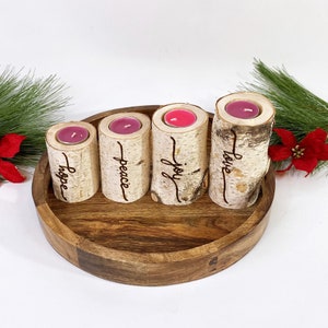 Christmas Advent Wreath, Set of Four Birch Candles With Words Peace ...