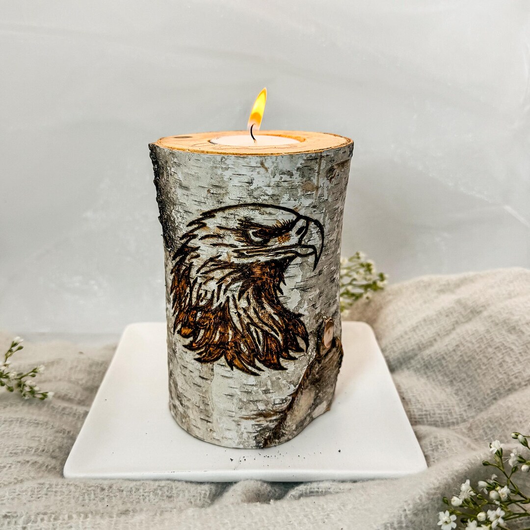 Handmade American Bald Eagle Birch Wood Candle Holder, Rustic ...