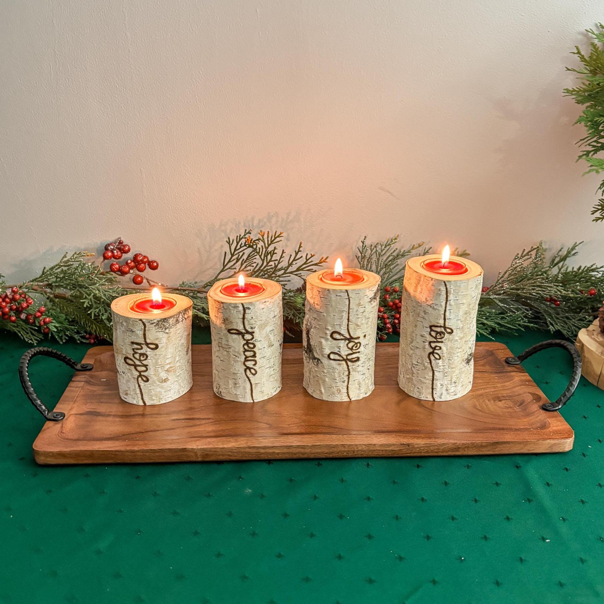 Christmas Advent Wreath, Set of Four Birch Candles With Words Peace ...