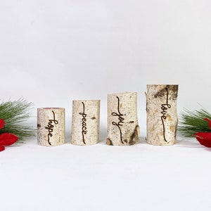 Christmas Advent Wreath, Set of Four Birch Candles With Words Peace ...