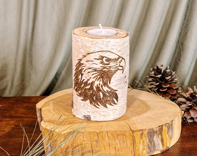 Handmade American Bald Eagle Birch Wood Candle Holder, Rustic ...