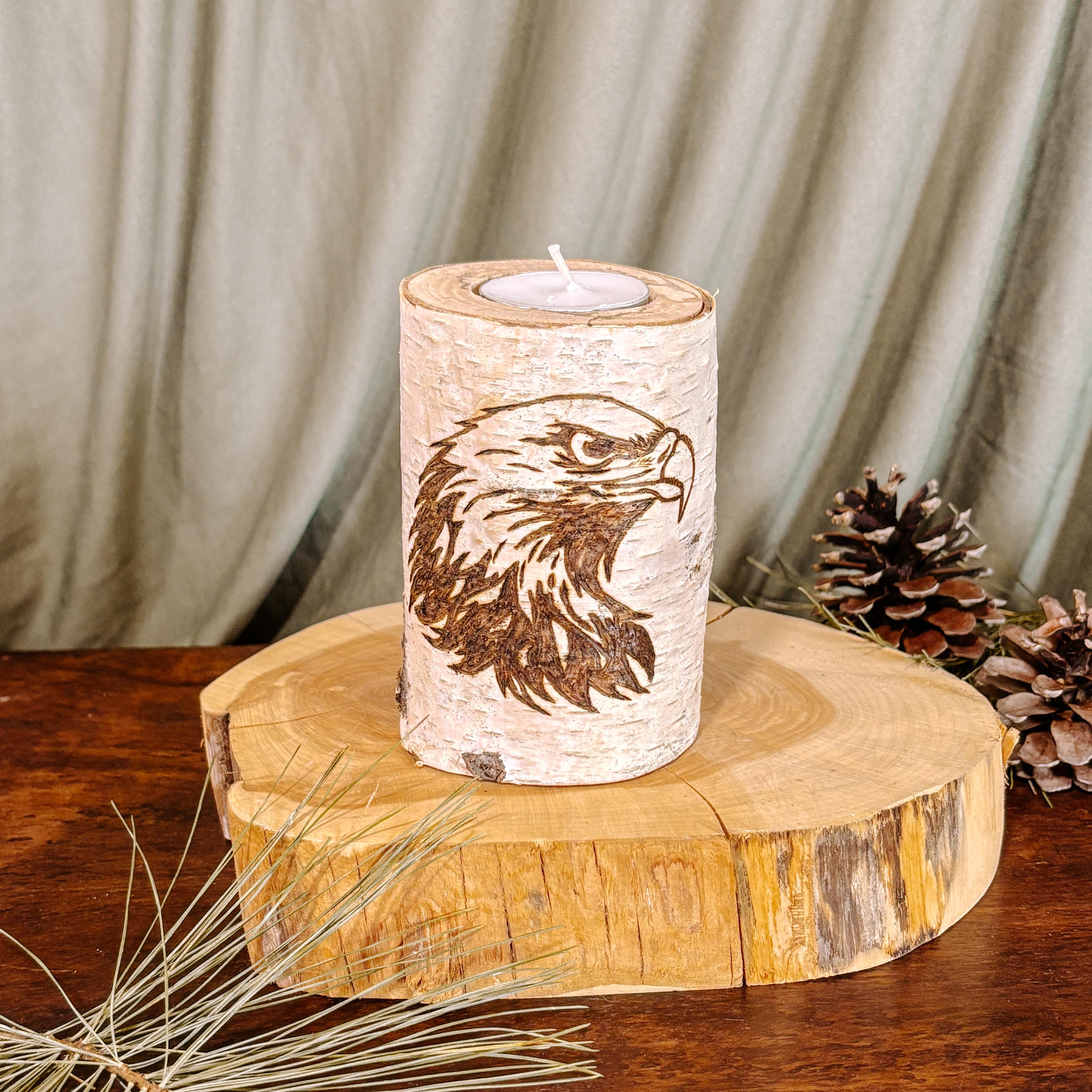 Handmade American Bald Eagle Birch Wood Candle Holder, Rustic ...