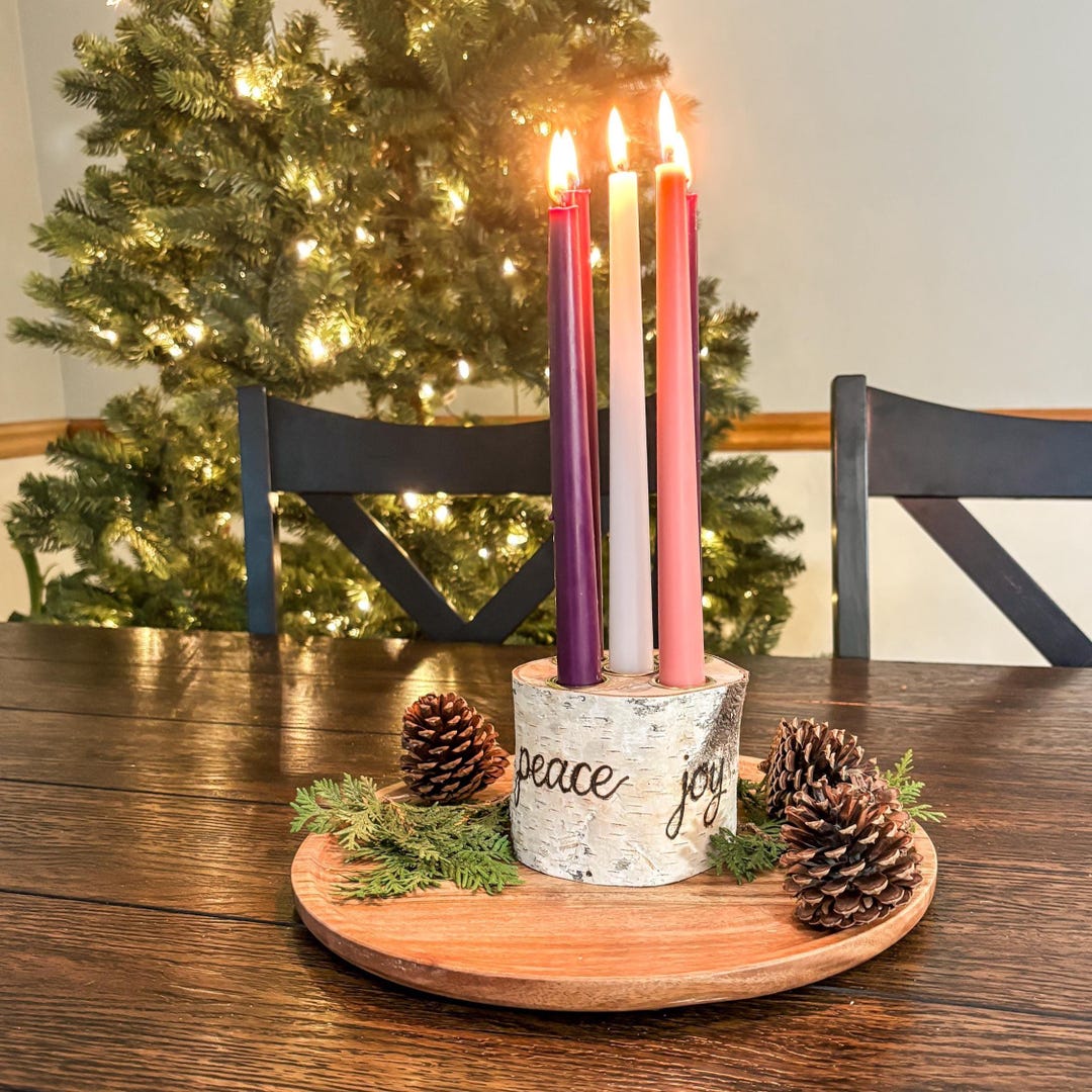 Christmas Birch Log Advent Wreath With 5 Advent Colored Taper Candles ...
