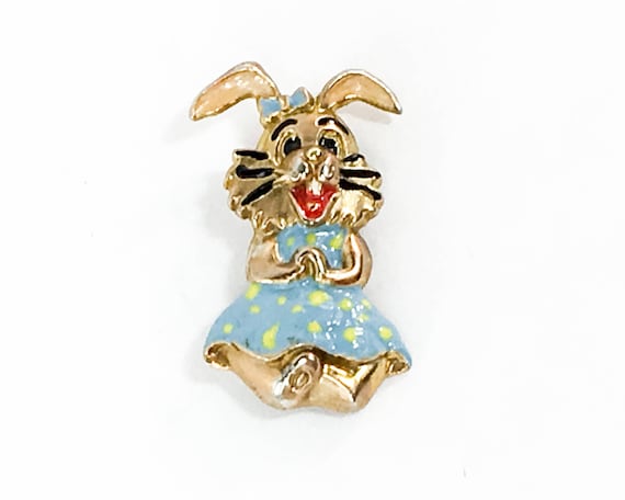 1960s Gold Rabbit Brooch | 60s Blue Enamel Rabbit Pin - Gem