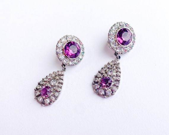 1960s Purple Rhinestone Dangle Earrings | 60s Purple … - Gem