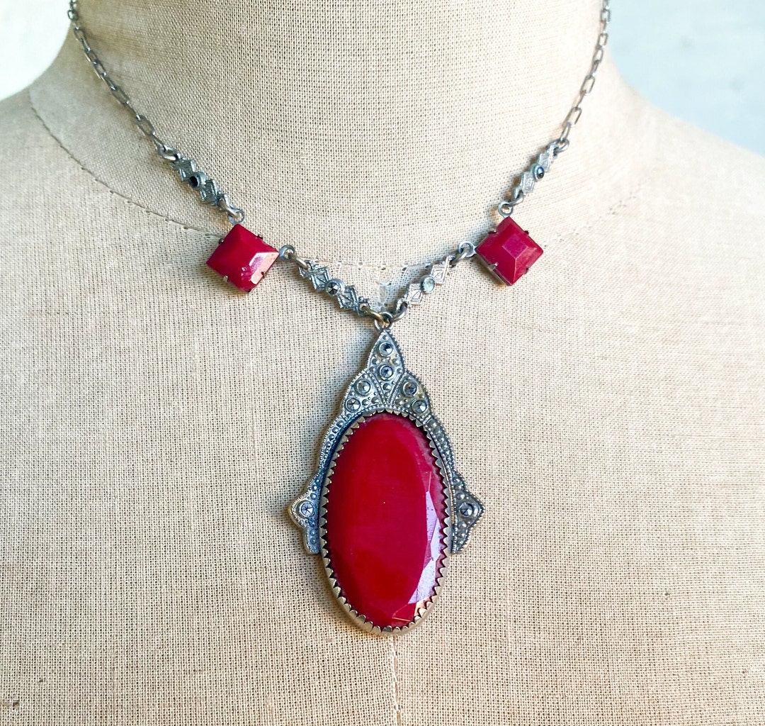 1920s Red Glass Necklace 20s Dark Red Faceted Glass Pendant - Etsy