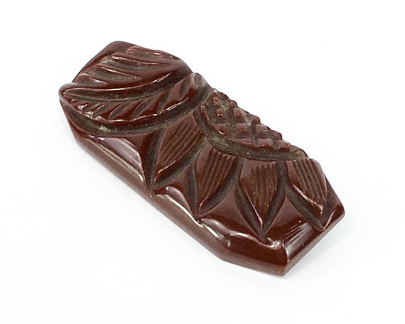 1930s Brown Bakelite Brooch | 30s Brown Floral Carved… - Gem